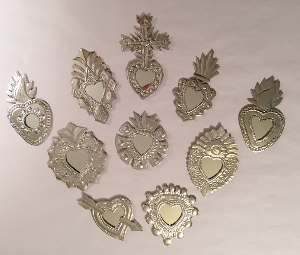 Set of 10 Tin Sacred Hearts with Mirror Ornaments, Natural | Sacred ...